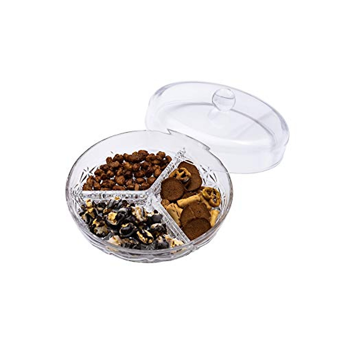 Huang Acrylic 3-Section Divided Serving Dishes with Lid | Round Snack and Condiment Tray with Cover | Multifunctional Party Snack Tray for Nuts, Candies, Fruit, and Veggies