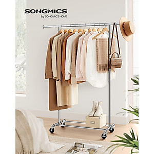 SONGMICS Clothes Rack with Wheels, Heavy-Duty Clothing Rack for Hanging Clothes, Portable Garment Rack, with Extendable Hanging Rail, 220 lb Load Capacity, Silver UHSR13SV1