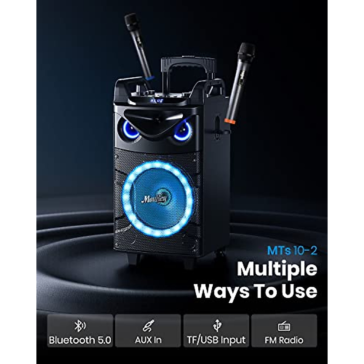 Moukey Karaoke Machine, 10" Woofer Portable PA System, Bluetooth Speaker with 2 Wireless Microphones, Lyrics Display Tablet Holder, Party Lights & Echo/Treble/Bass Adjustment Support REC/AUX/USB/TF