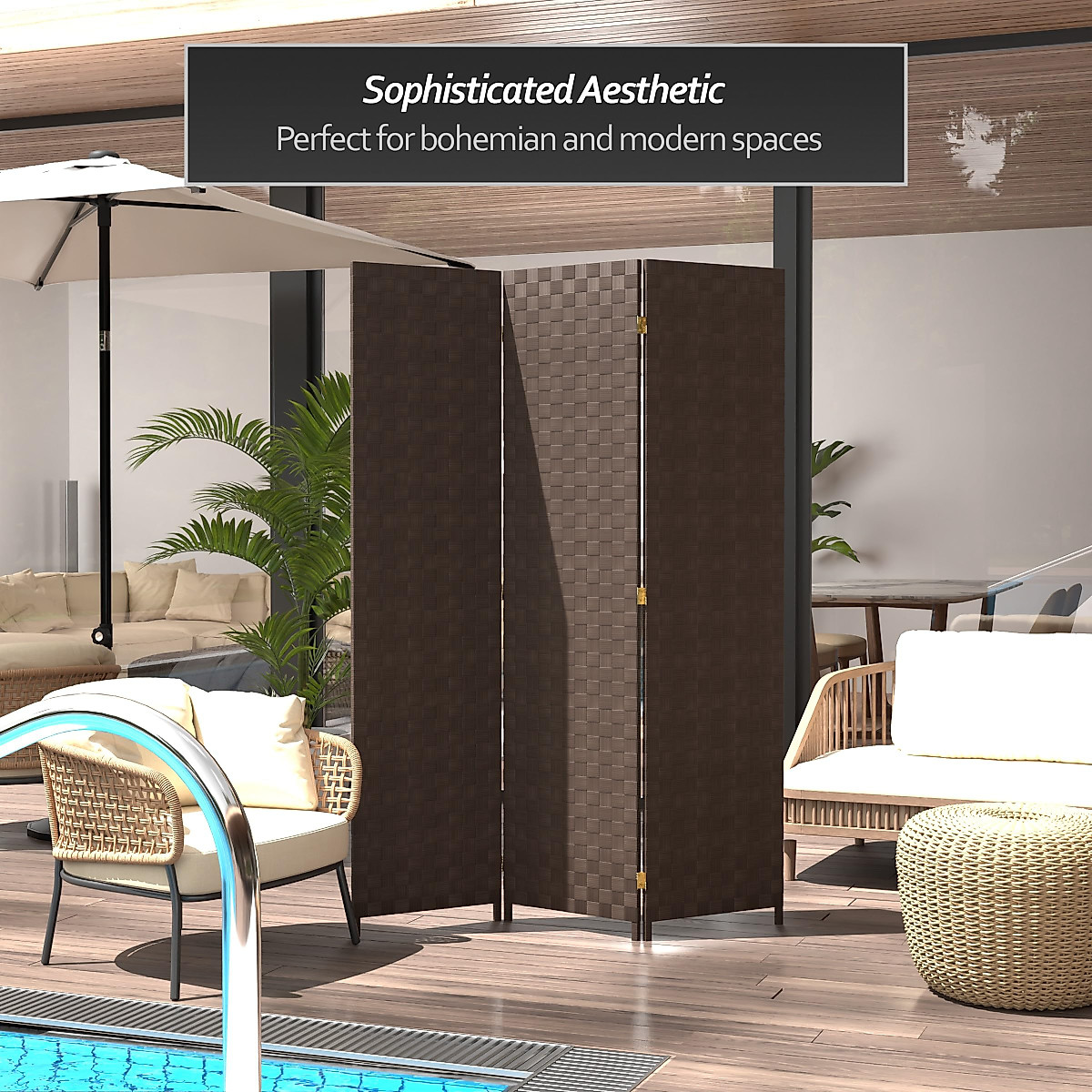 Red Lantern 6 ft. Tall Woven Fiber Outdoor All Weather 3 Panel-Dark Brown Room Divider