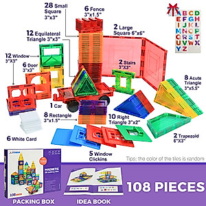 JUMAGA 3D Magnetic Tiles and Stack Building Toys 108pcs Magnet Blocks Set with Alphabet Card STEM Educational Preschool Birthday Gifts for Toddlers Kids Age 3+