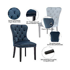 ZHENGHAO Dining Chairs Set of 2, Velvet Upholstered Armless Dining Room Chairs with Wooden Legs, Modern Nailhead Trim Wingback Accent Chair with Ring Pull for Kitchen Bedroom Restaurant, Navy Blue