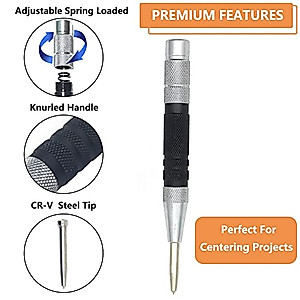 WHLLING 2-Piece Automatic Center Punch, 6 Inch Hardened Steel Spring Loaded Center Hole Punch with Adjustable Knurled Cap for Machinists and Carpenters
