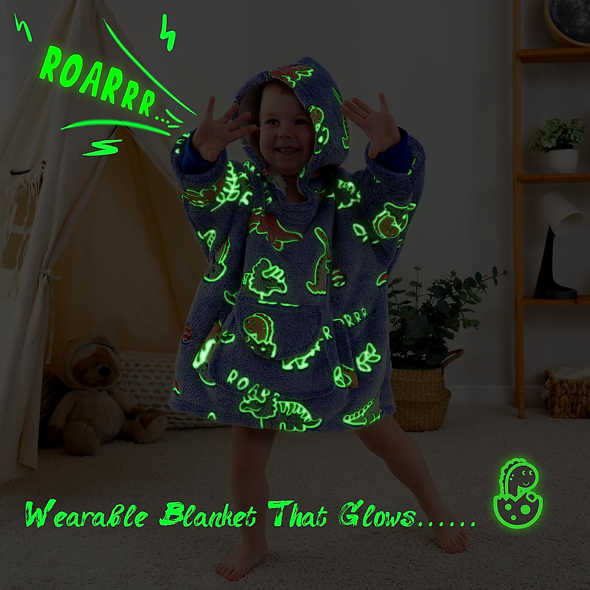 KIVEE Cute Wearable Blanket Hoodie Kids Toddlers Dinosaur Sweatshirt Blanket with Giant Pocket Glow in the Dark Dino Hooded Blanket Girl Boy Birthday Dinosaur Gifts
