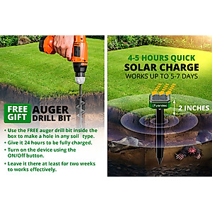 YARDEC Gopher Repellent Ultrasonic Solar Powered (8-Pack) - Easy To Use Solar Mole Repellent Ultrasonic With an Auger Drill Bit - IP65 Waterproof Sonic Repeller Stakes For Groundhog, Vole, Snake, etc.