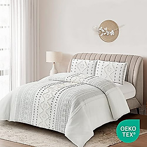 Style Quarters Duvet Covers Queen Size, 3pcs Soft and Embroidery Shabby Chic Boho Bedding Sets,55% Cotton 45% Polyester Tufted Comforter Cover Includes 1 Duvet Cover and 2 Pillow Shams