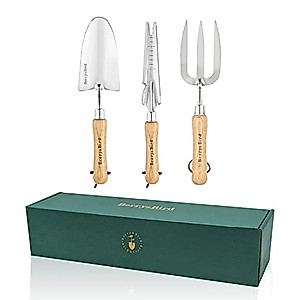 Berry&Bird 3Pack Gardening Hand Tool Set- Stainless Steel Garden Tool Kit Include Wooden Handle Trowel, Hand Fork & Weeder for Weeding Planting Transplant & Measuring, Ideal Garden Gift for Women&Men
