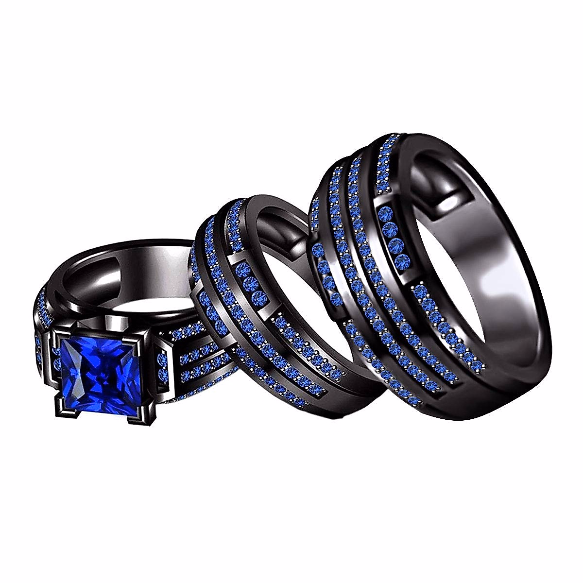 Jewel Zone US Simulated Blue Sapphire Engagement and Wedding Trio Bridal Ring Set in 925 Sterling Silver (3.4 Ct)