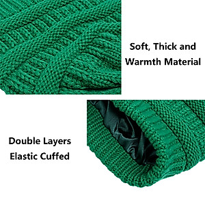 Muryobao Womens Winter Warm Knitted Hat Satin Silk Lined Cable Knit Beanie Chunky Slouchy Skull Cap Green