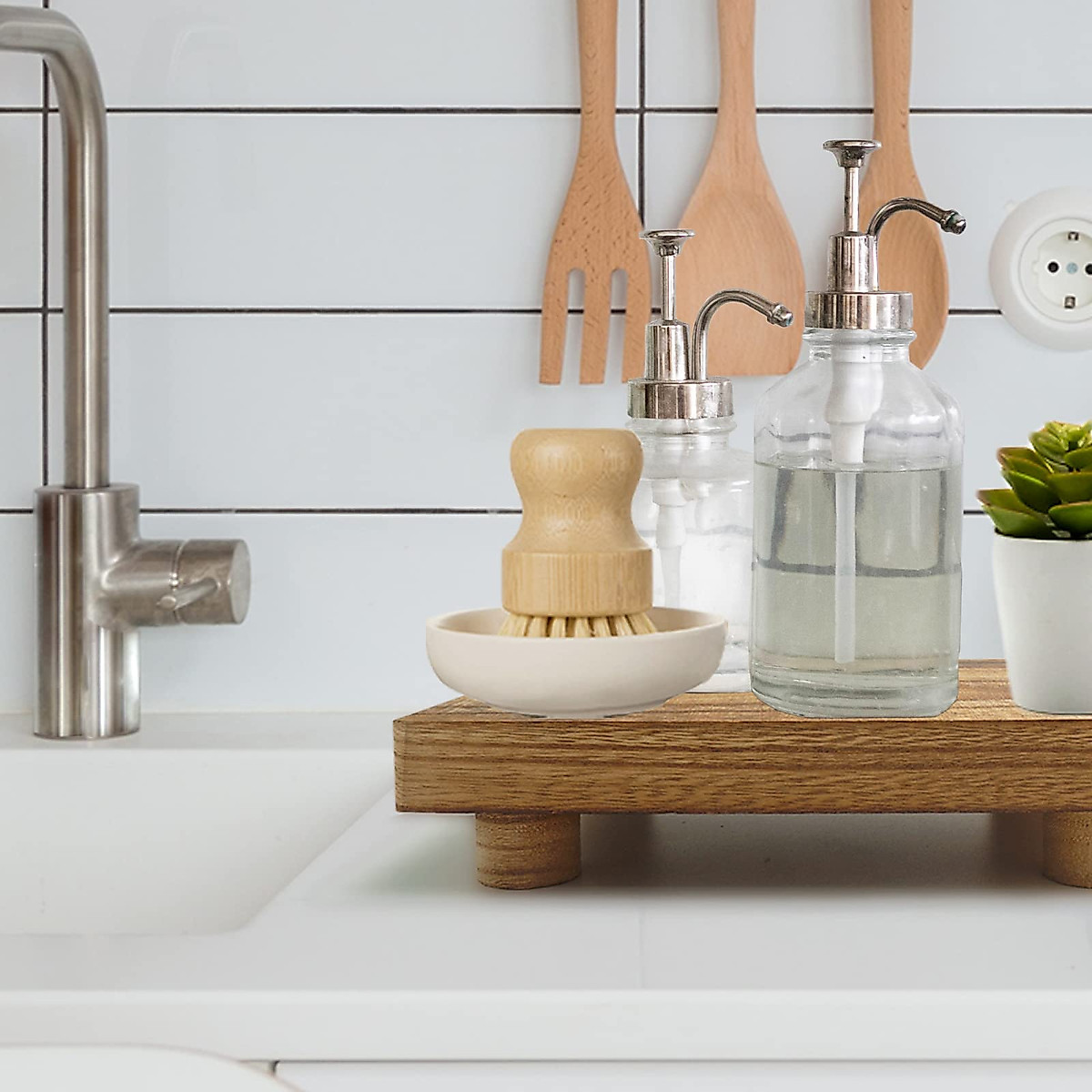 Handmade Wooden Tray,Practical Bathroom and Kitchen Decoration for Soap,Bath Bottles,Candles,Toilet Paper,Plant Holder(10.8 x 6.9 Inch)(Wood Color)