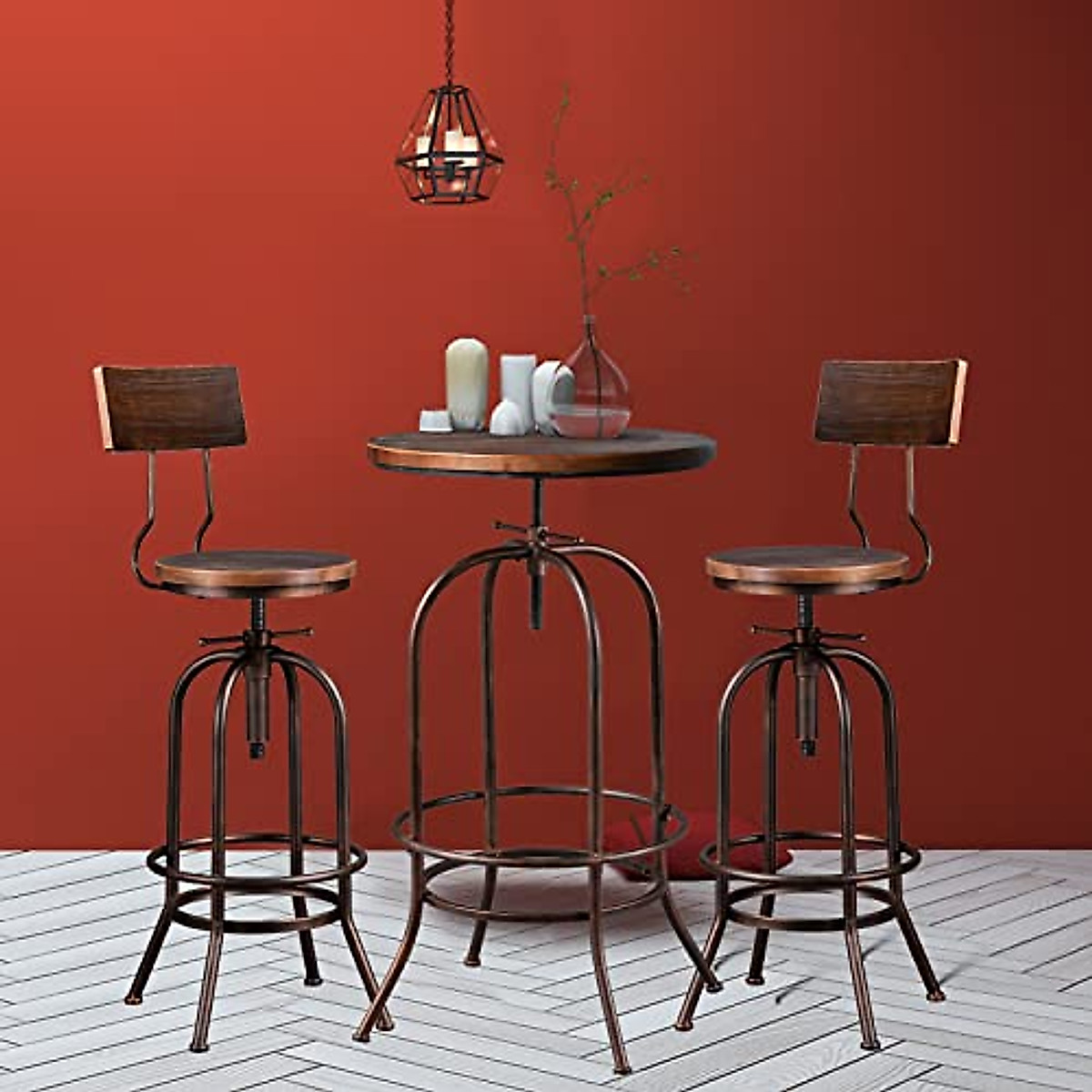 LOKKHAN Bar Table Set with 2 Backrests Stools,3-Piece Round Table Compact Chairs Counter Bar Height Tabletop for Kitchen Dining Living Party Bistro Breakfast,Space-Saving,Most Welded(Copper & Brown)