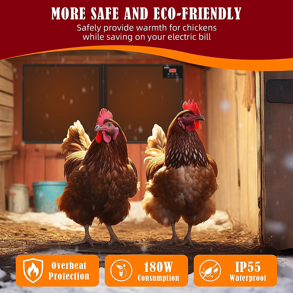 Chicken Coop Heater for Winter with Remote Control, 180W Foldable Radiant Heaters for Chicken Coop,30''x12'' Large Panel Chicken Coop Accessories with Adjustable Timer and Temp,Safer Than Brooder Lamp