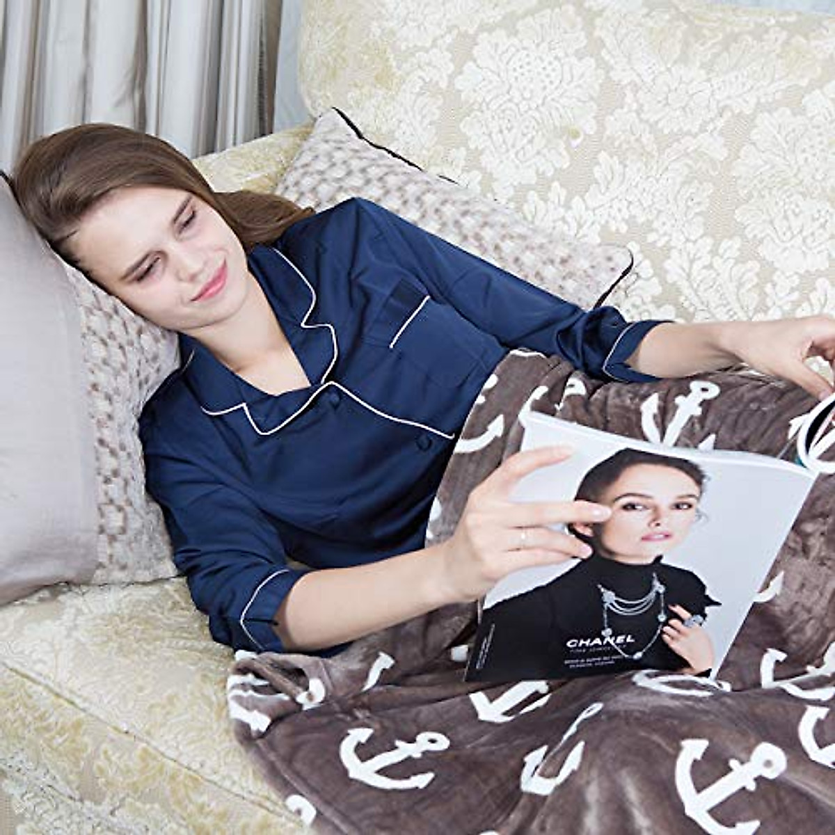 JML Flannel Blanket Sofa Couch Throw Blanket Super Soft Lightweight Microfiber Fuzzy Plush Throw Blanket Shawls and Wraps Anchor Fleece Throw for Adults,Pet,Travel,Home,Bed,Chair Decor- Grey Anchor