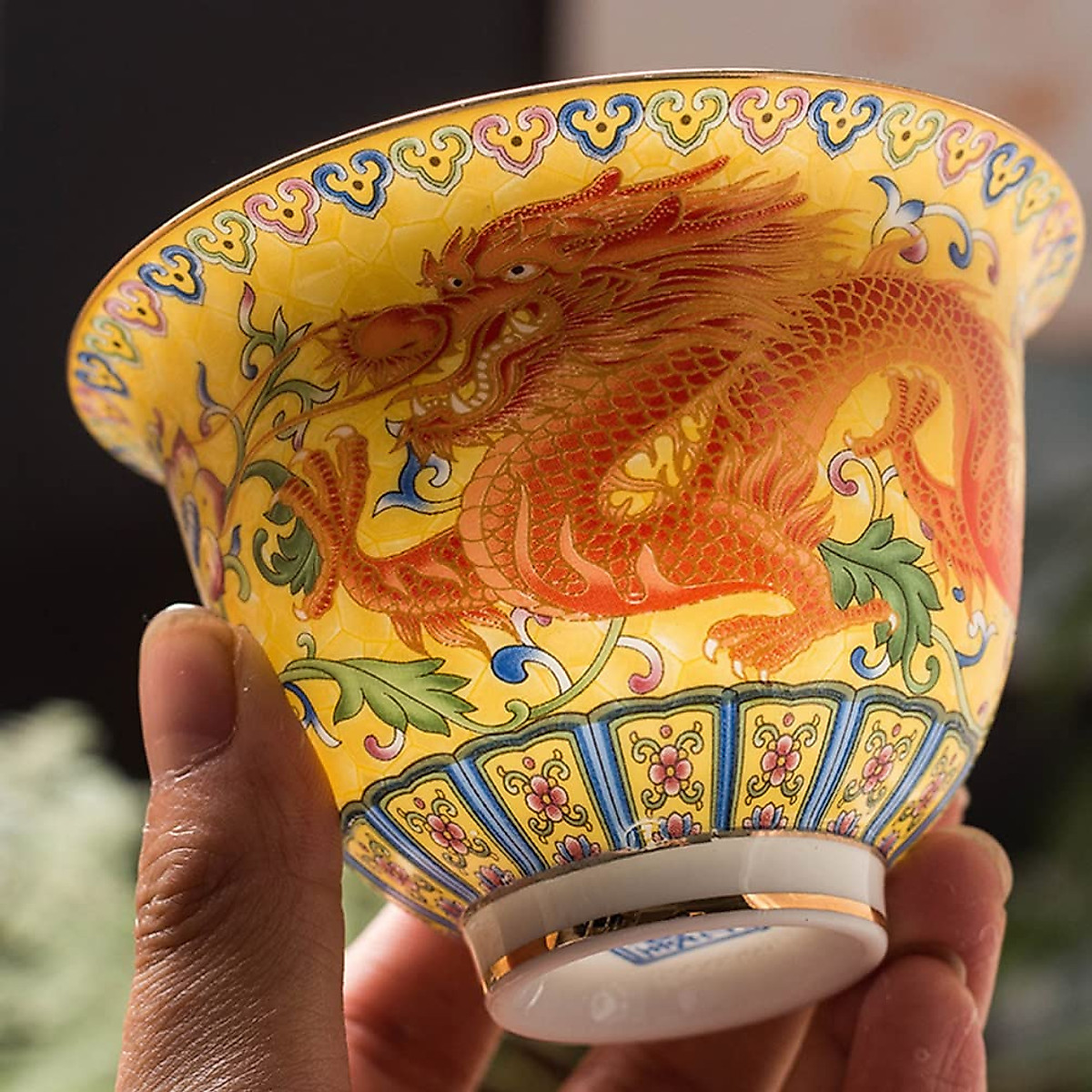 YARNOW Chinese Porcelain Teacup, 1Set of Gaiwan Tureen Cover Bowl Lip Cup Saucer Tea with Lid, Yellow Dragon