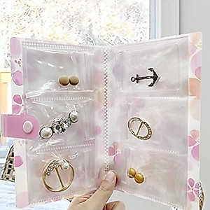 ROPAKED Beautiful Jewelry Storage Book with Pockets 120 Slots and 60 Pcs Clear Small Plastic Bags Ring Earring Organizer Book Card Holder Travel Pouch for Jewelry (Flower)
