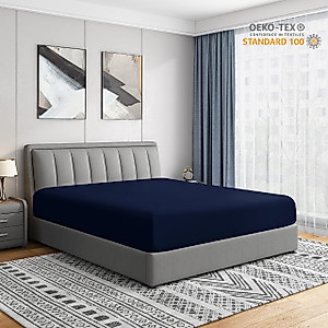 Cathay Home Twin Fitted Sheet - Double Brushed Ultra Soft – Wrinkle & Fade Resistant - 14" Standard Pocket Fitted Sheet Only - Good Fit for 12"-16" Deep Mattress (Twin, Navy)