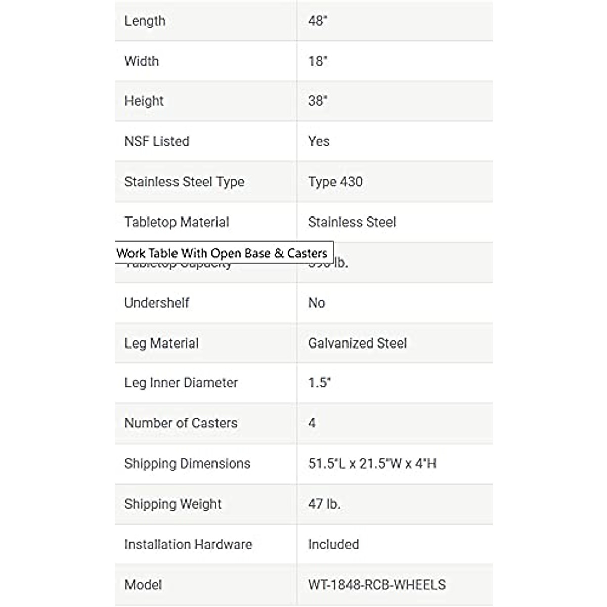 AmGood 18" X 48" Stainless Steel Work Table - with Open Base & Wheels | Food Prep | Utility Work Station | NSF Certified