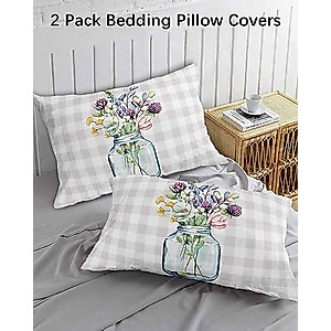 Edwiinsa Spring Floral Pillow Covers King Standard Set of 2 20x36 Bed Pillow, Summer Colorful Flower Beige Plaid Plush Soft Comfort for Hair/Skin Cooling Pillowcases with Envelop Closure