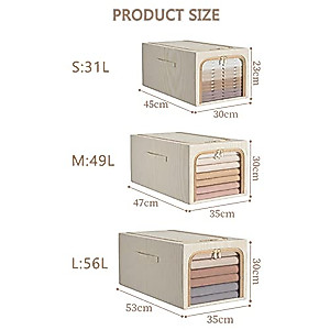 Clothes Storage Organizer Bins Containers, Waterproof Cotton Linen Steel Frame Storage Box, Stackable Storage Bins for Clothing Storage with Clear Window & Reinforced Handles, 1PC (31L, beige)