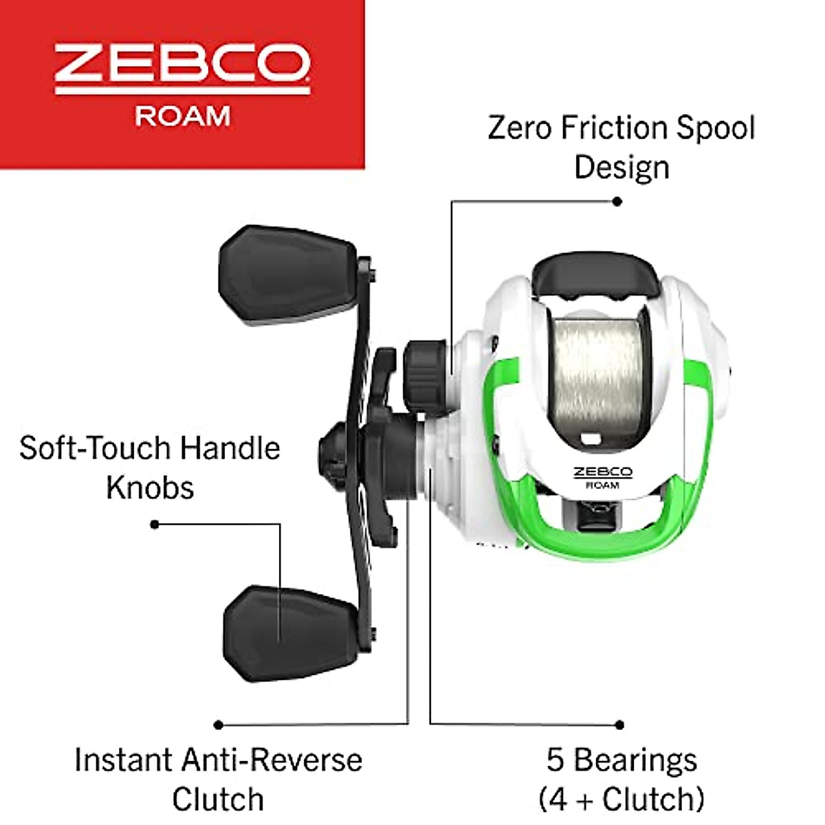 Zebco Roam Baitcast Reel and Fishing Rod Combo, 6-Foot 6-Inch 2-Piece Fiberglass Fishing Pole with Split-Grip MaxTac Rod Handle, Lightweight Graphite Frame, Right-Hand Retrieve, Green