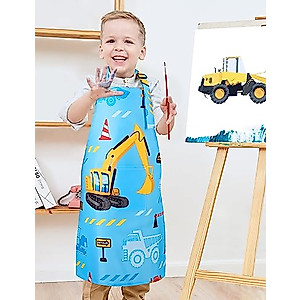 WERNNSAI 2 Pack Kids Aprons - Truck Kids Art Aprons for Boys Waterproof Toddler Chef Aprons Cooking Baking Painting Gardening Apron for Kids with Pocket Kitchen Classroom Art Smocks Age 6-10 Years