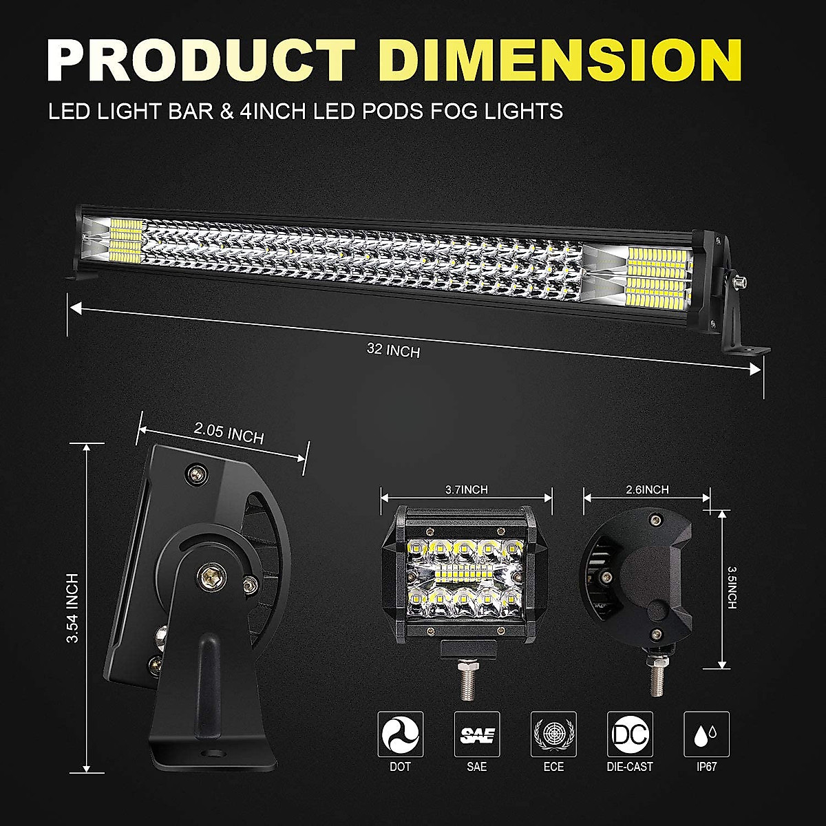 TURBO SII - LED Light Bar 32 Inch 441W Triple Row Flood Spot Combo Beam Offroad Driving Light 4Pcs 4 Inch 60W LED Cubes Lights with 3-Leads Wiring Harness for Trucks ATV UTV Polaris SUV Boats