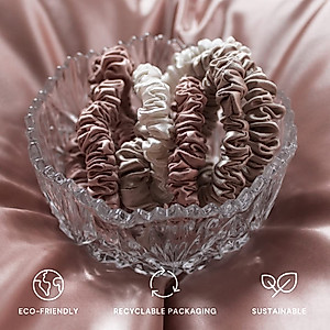 Vénera Skinny Silk Scrunchies - Frizz&Breakage Prevention-Hair Care Ponytail Holders for Women-100% Pure 22 Momme Mulberry Silk Hair Ties(Pink-Cream-Caramel)