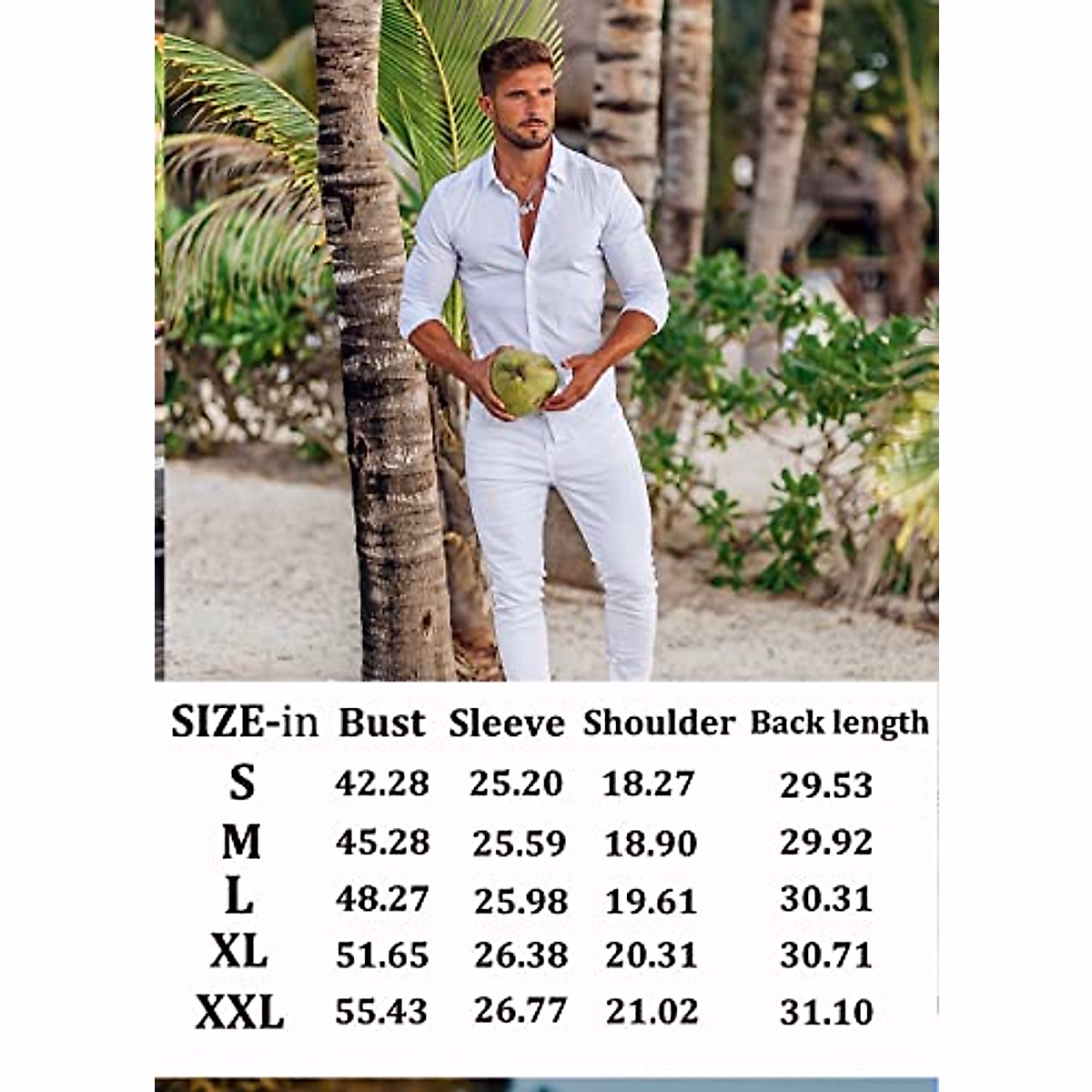 URRU Men's Muscle Dress Shirts Slim Fit Stretch Long Sleeve Casual Button Down Shirt White S