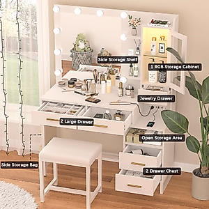 CSZZD Makeup Vanity Desk with Mirror and Lights, White Vanity Table Set with Charging Station, LED Cabinet, 5 Drawers & Storage Bag, 3 Lighting Modes, Bedroom Vanity Mirror with Lights Desk and Chair