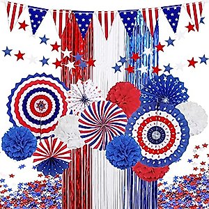 4th of July Party Decorations, Star Streamer, Independence Day American Flag Hanging Paper Fans, Foil Fringe Curtain, Pompoms Flowers Balloons for Patriotic Party Decorations Set