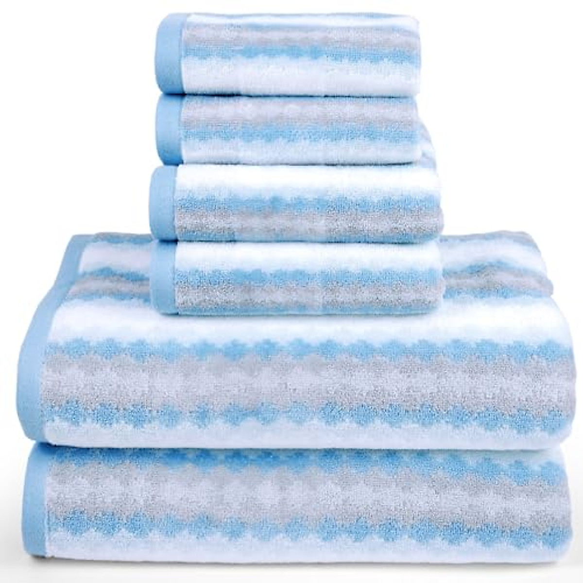 Jacquotha 6 Piece Soft and Absorbent Bathroom Towel Set, 2 Bath Towels, 2 Hand Towels, 2 Washcloths, Stripe and Cut Velvet Design, Cotton Lightweight Thin Towel Sky Blue