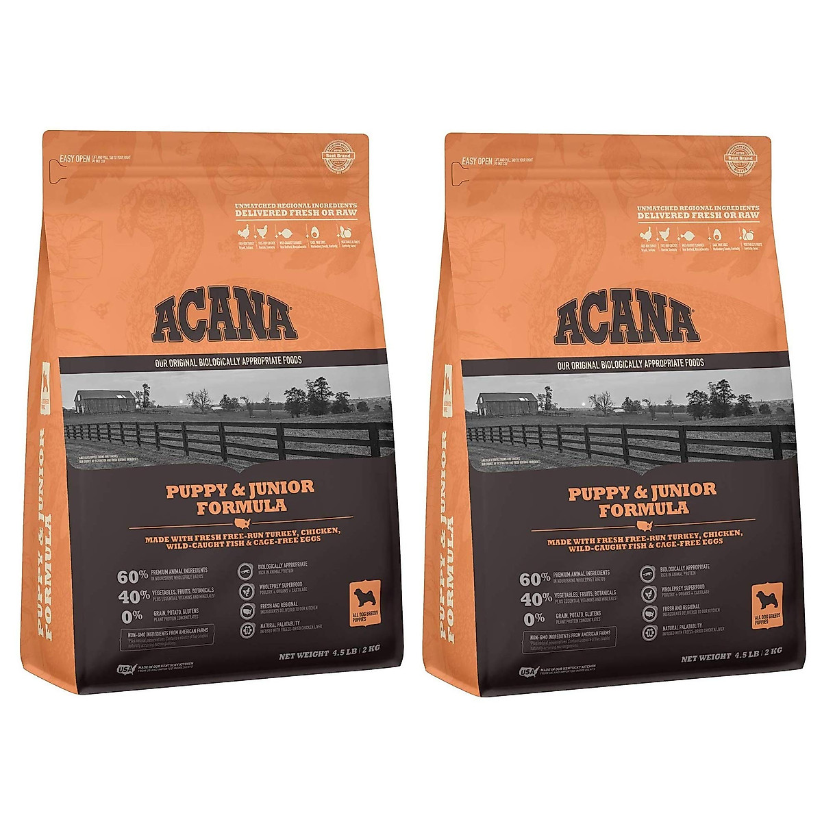 ACANA 2 Bags of Puppy & Junior Dry Dog Food, 4.5 Pounds Each, Grain-Free, Made in The USA