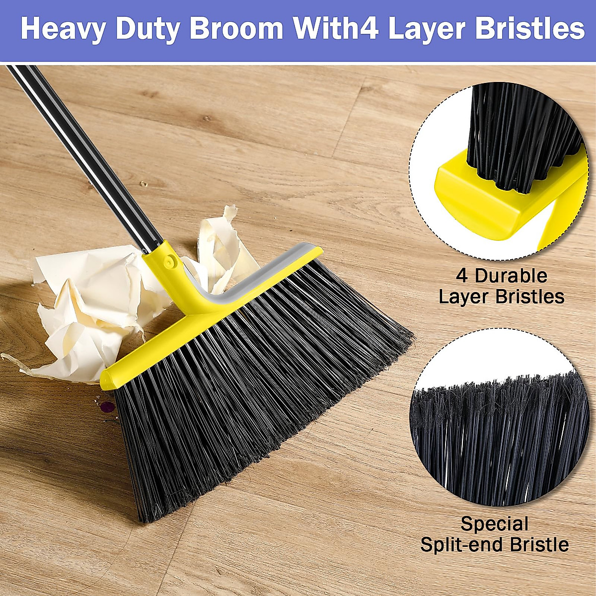 Roshtia 8 Pcs Heavy Duty Broom Set 58 Inch Outdoor Indoor Broom Commercial Stiff Broom with Long Handle Angle Broom Garage Broom Concrete Broom Outside Broom Outdoor Brooms for Sweeping Patio (Yellow)