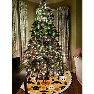 Small Christmas Tree Skirt Halloween Cat Ghost,30 Inch Tree Skirt for Christmas Holiday Party Decoration,Rustic Tree Skirts Mat Home Indoor Outdoor Ornaments