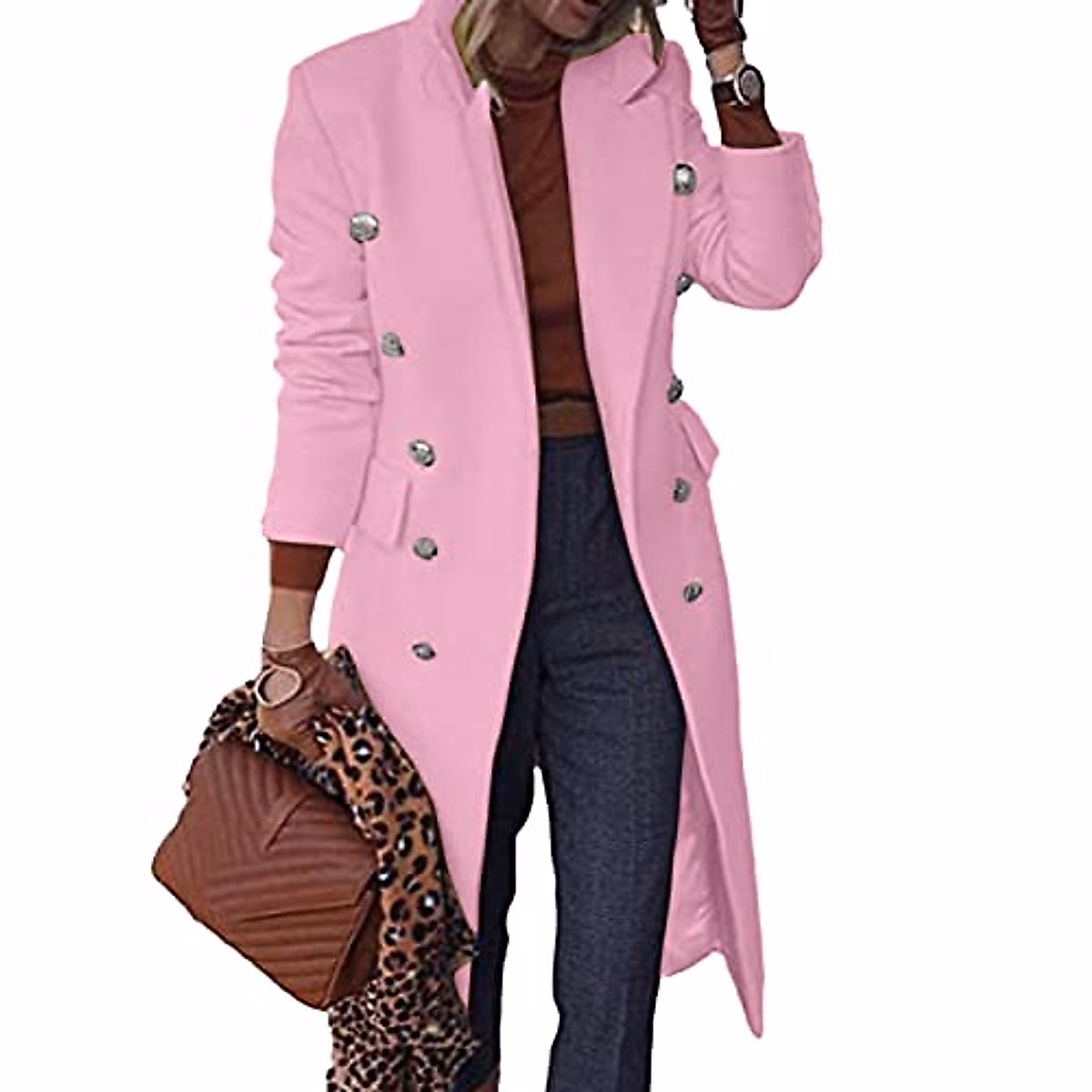 Hemlock Women Slim Overcoat Long Double Breasted Wool Coats Lapel Plus Size Cardigans Trench Jacket Outwear Pink