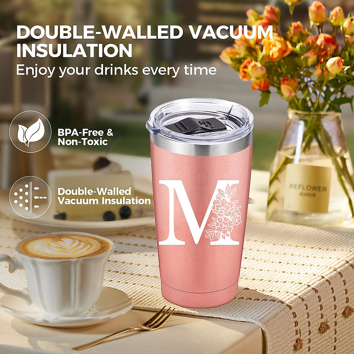 Leraverppy Personalized 20oz with Initial Stainless Steel Coffee，Leak Proof Rose Gold Tumbler with Lid And Straw Double Wall Thermal Cups for Hot and Cold Drinks Monogrammed Gifts for Women（C20-M）