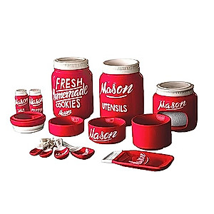 Mason Jar Kitchenware 17-Piece Set - Vintage Kitchen Accessories - Measuring Cups & Spoons, Spoon Rest, Salt & Pepper Shakers, Sponge Holder, Cookie Jar, Utensil Crock - Mother's Day Gift - Red