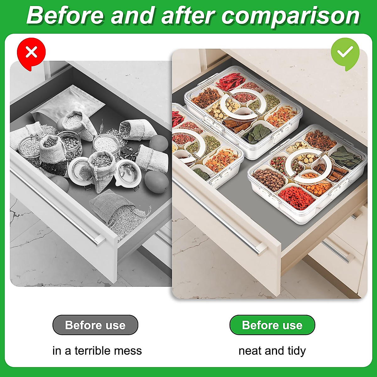 Divided Serving Tray Snack Platter Container with Lid & Handle, 8 Compartments Portable Food Fresh-Keeping Storage Box Vegetable Organizer for Refrigerator Perfect for Party & Picnic