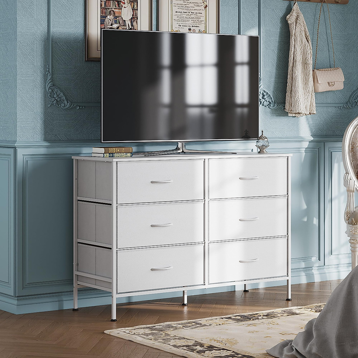 WLIVE Wide Dresser with 6 Drawers, TV Stand for 50" TV, Entertainment Center with Metal Frame, Wooden Top, Fabric Storage Dresser for Bedroom, Hallway, Entryway, White