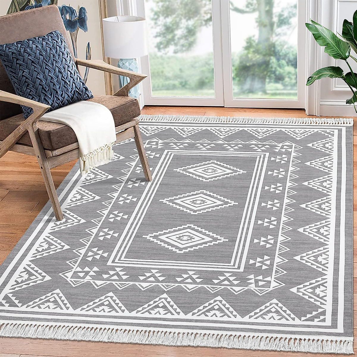 RUGSREAL Large Living Room Rug 8x10 Washable Boho Accent Area Rug with Tassel Moroccan Bordered Non-Slip Stain Resistant Floor Cover Farmhouse Geometric Tribal Carpet for Bedroom Nursery, Grey