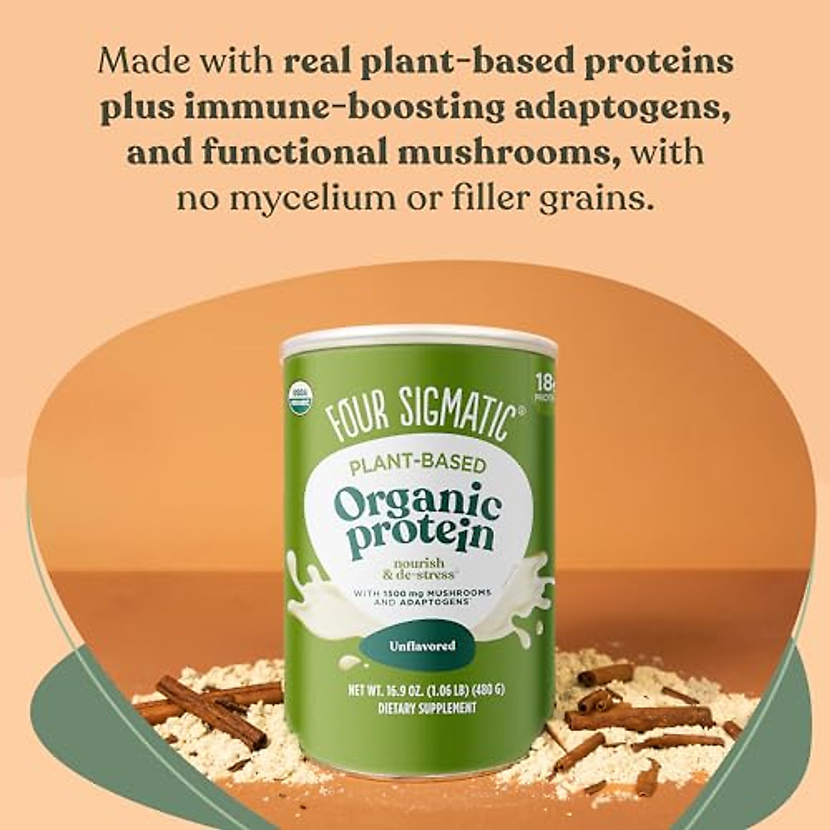 Four Sigmatic Organic Plant-Based Protein Powder Unflavored Protein with Lion’s Mane, Chaga, Cordyceps and More | Clean Vegan Protein Elevated for Brain Function and Immune Support | 16.9 oz