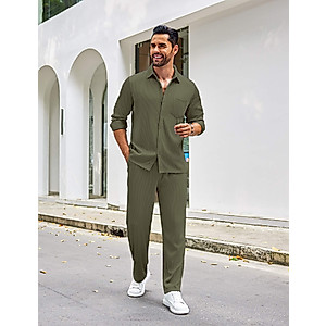 COOFANDY Mens Matching Shirt and Pants Set Long Sleeve Button Up Shirts Ribbed Pants with Pockets Lounge Tracksuits