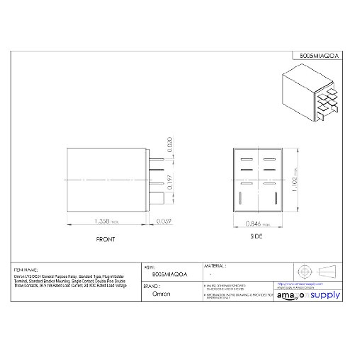 Omron LY2-DC24 General Purpose Relay, Standard Type, Plug-In/Solder Terminal, Standard Bracket Mounting, Single Contact, Double Pole Double Throw Contacts, 36.9 mA Rated Load Current, 24 VDC Rated Load Voltage