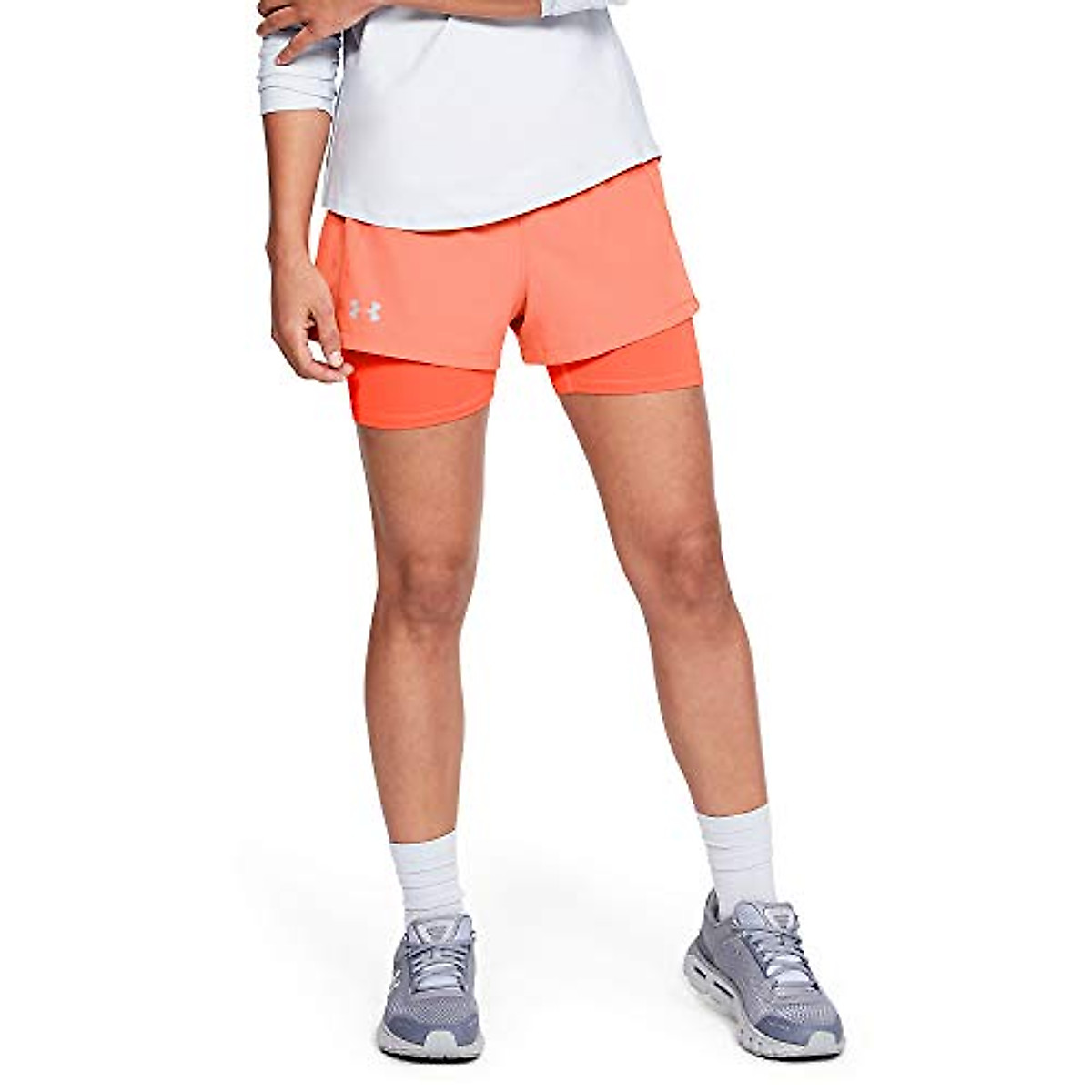 Under Armour Qualifier Speedpocket 2-in-1 Short, Coral Dust (642)/Reflective, X-Small