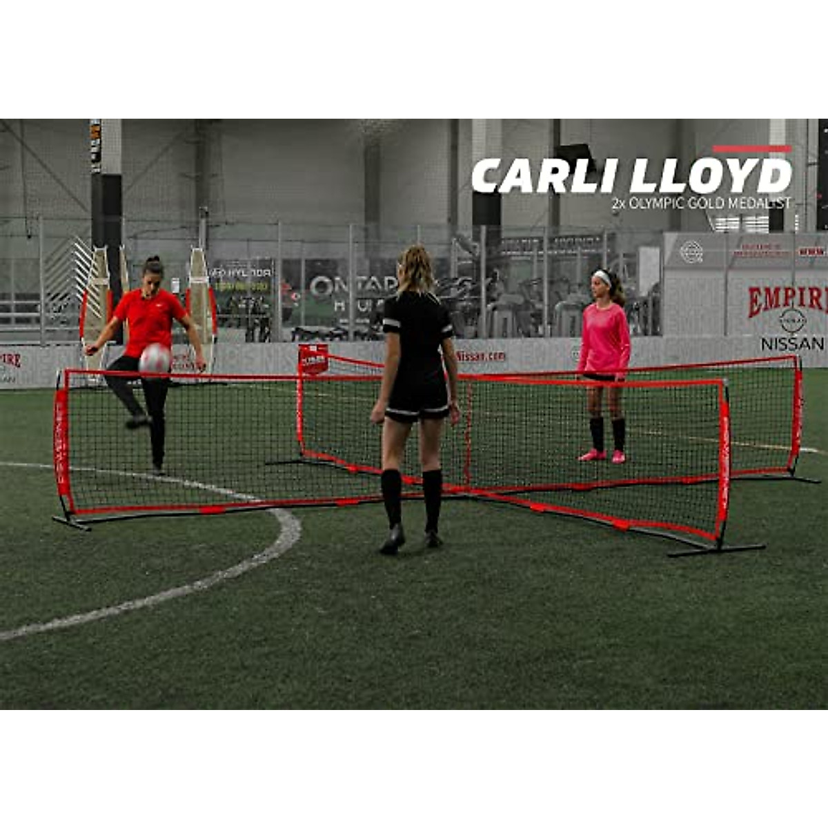 PowerNet Carli Lloyd 4 Way Soccer Tennis Net | Fun New Game to Play at The Park or Beach | Practice and Improve Ball Control Headers and Volleys | 2 Sizes