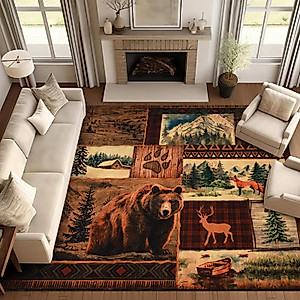 ASPMIZ Farmhouse Area Rug 8x10, Buffalo Plaid Lodge Bear Moose Deer Living Room Rugs Washable, Rustic Cabin Wildlife Bedroom Throw Rugs Non Slip Floor Carpet Large Brown, Vintage Country Home Decor