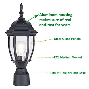 LIT-PaTH Outdoor Post Lighting Fixture Pole Lantern, E26 Medium Base Max 60W, Aluminum Housing Plus Glass, Matte Black Finish, 1-Pack