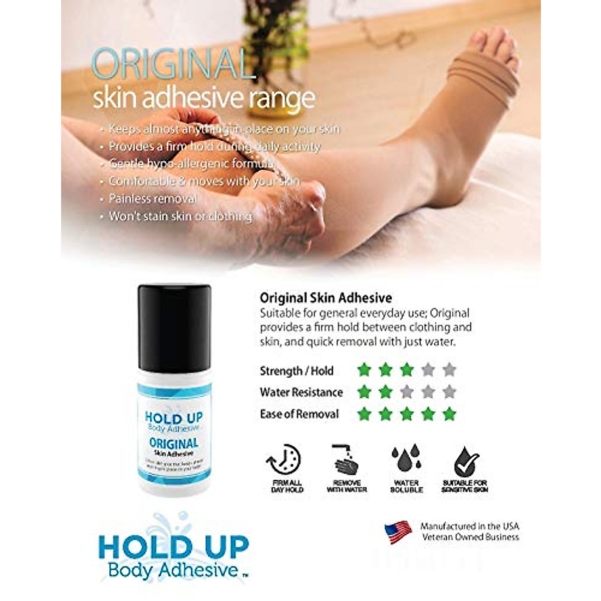 Hold Up Body Adhesive Original - Roll On Skin Adhesive for Compression Stockings, Socks, Clothing, Costume, Fashion, Dance - Hypoallergenic & Skin-Friendly Formula, Safe for Daily Use - 2 oz. Bottle