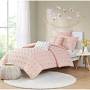 Urban Habitat Duvet Set 100% Cotton Jacquard, Tufts Accent, Shabby Chic All Season Cover for Comforter, Matching Shams, Decorative Pillows, Twin/Twin XL (68 in x 92 in), Pink 5 Piece