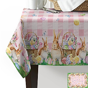 ZEREAA Waterproof Spillproof Rectangle Tablecloth, Pink Plaid Easter Bunny and Floral Spring Theme Table Cover Kitchen, Living Room Dining Table Cloth 60"x84"